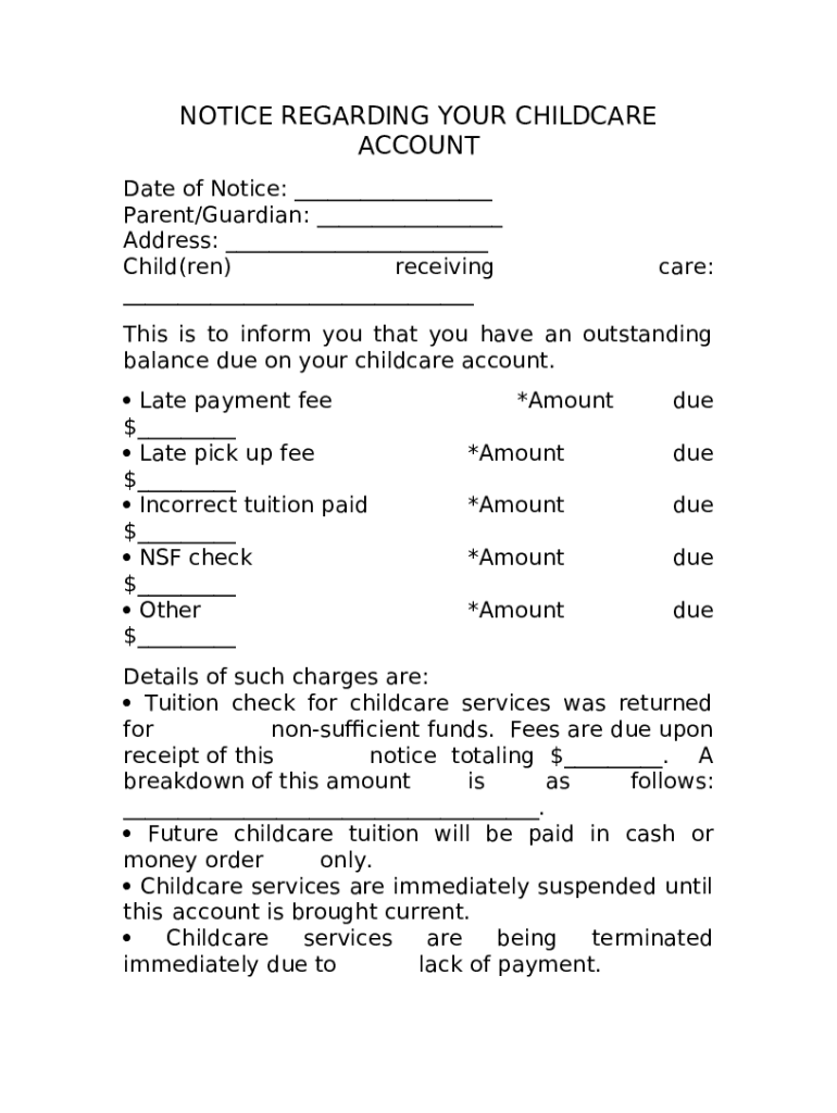 NOTICE REGARDING YOUR CHILDCARE ACCOUNT Doc Template | pdfFiller