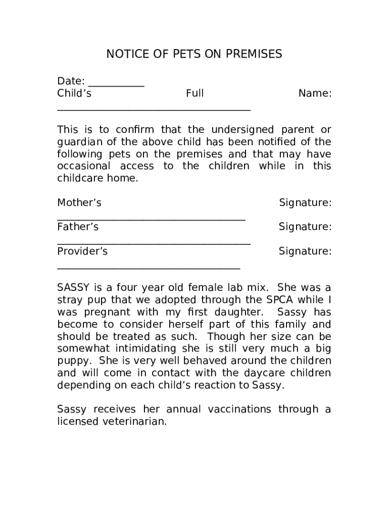 NOTICE OF PETS ON PREMISES Doc Template | pdfFiller