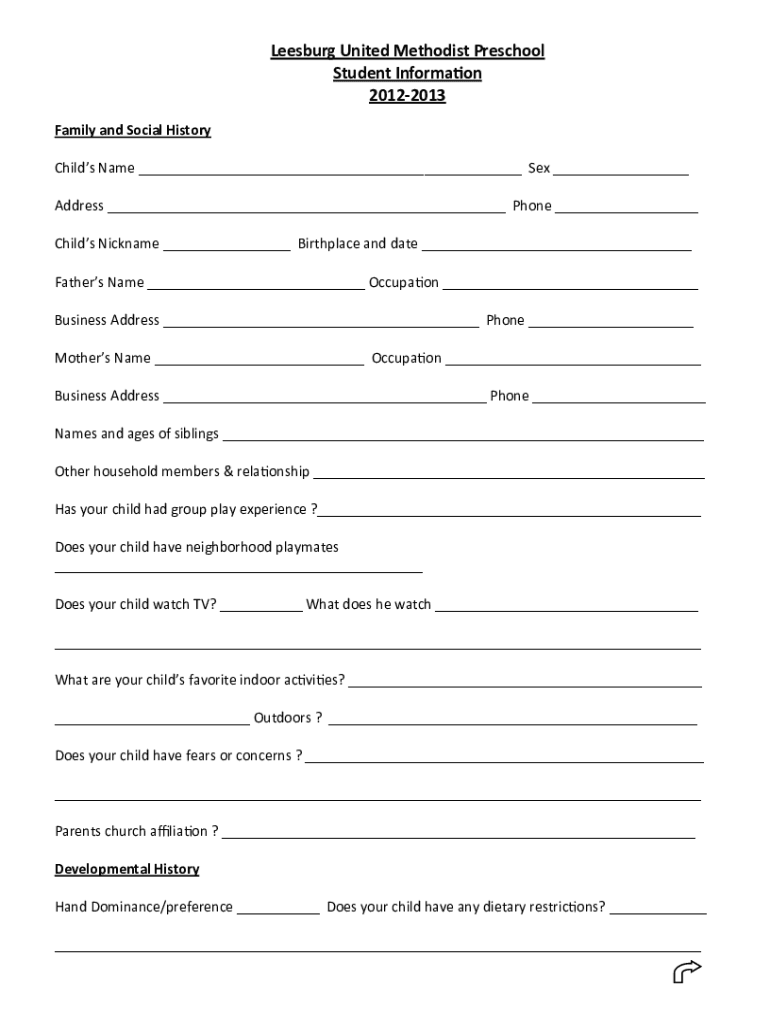 Fillable Online Great Beginnings Preschool Student Information Form Fax ...