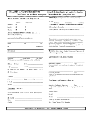 Fillable Online DHARMA AWARD ORDER FORM -------- Awards ... Fax Email ...