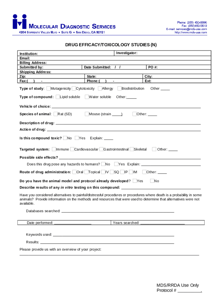 DRUG EFFICACY/TOXICOLOGY STUDIES (N) Doc Template | pdfFiller