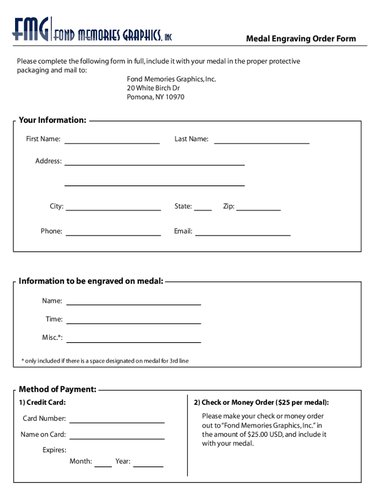 Fillable Online Medal Engraving Order Form Your Information Fax Email ...