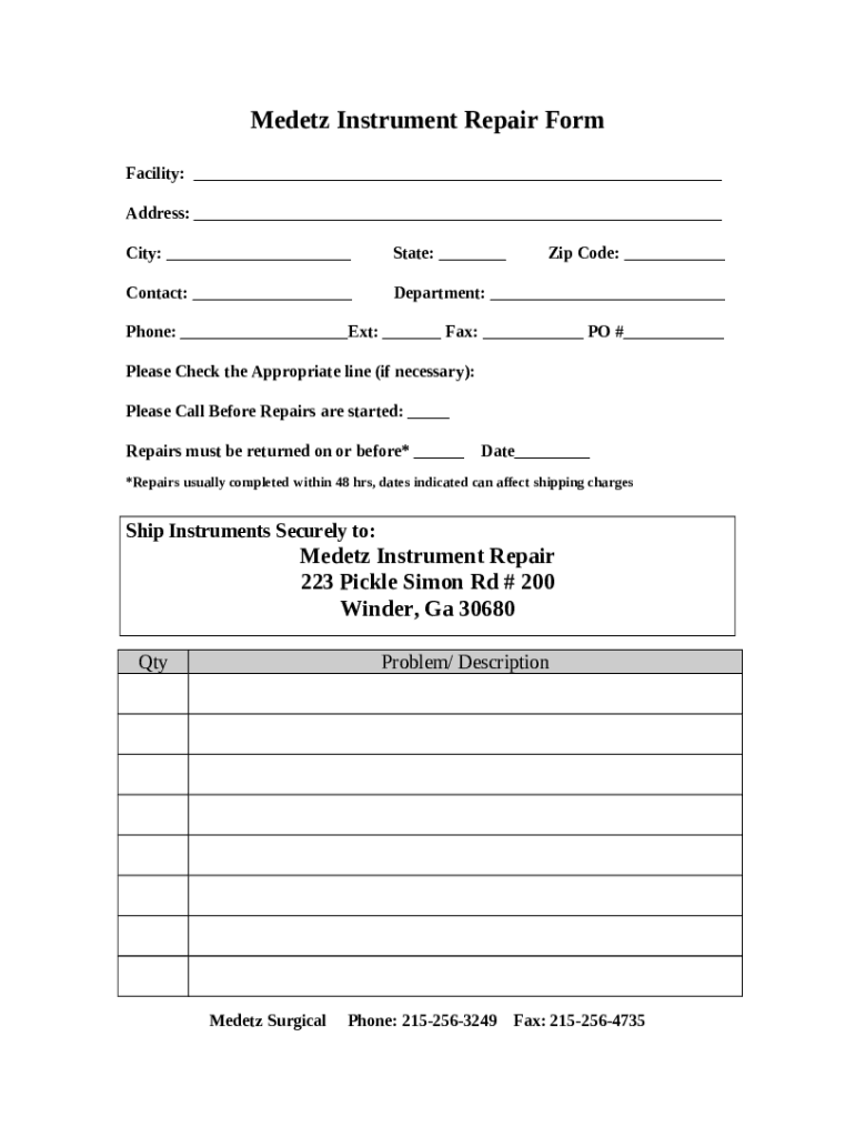 Medetz Instrument Repair Doc Template | pdfFiller