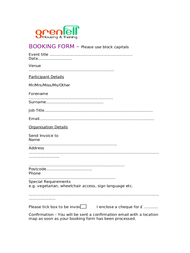 BOOKING Please Use Block Capitals Doc Template PdfFiller