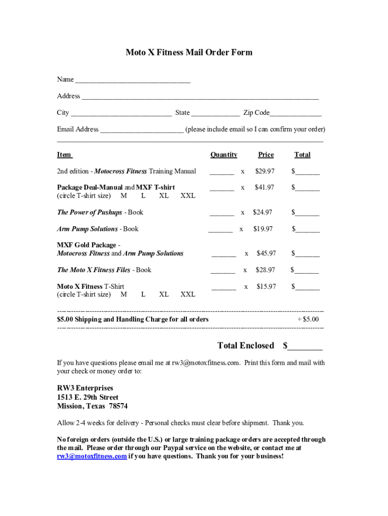 Fillable Online Motocross Fitness, Moto X Fitness Order Form, Order ...