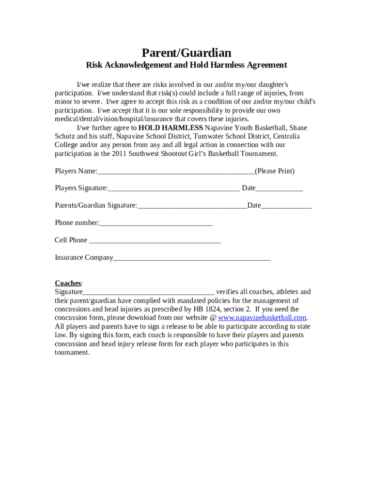 Risk Acknowledgement and Hold Harmless Agreement Doc Template | pdfFiller