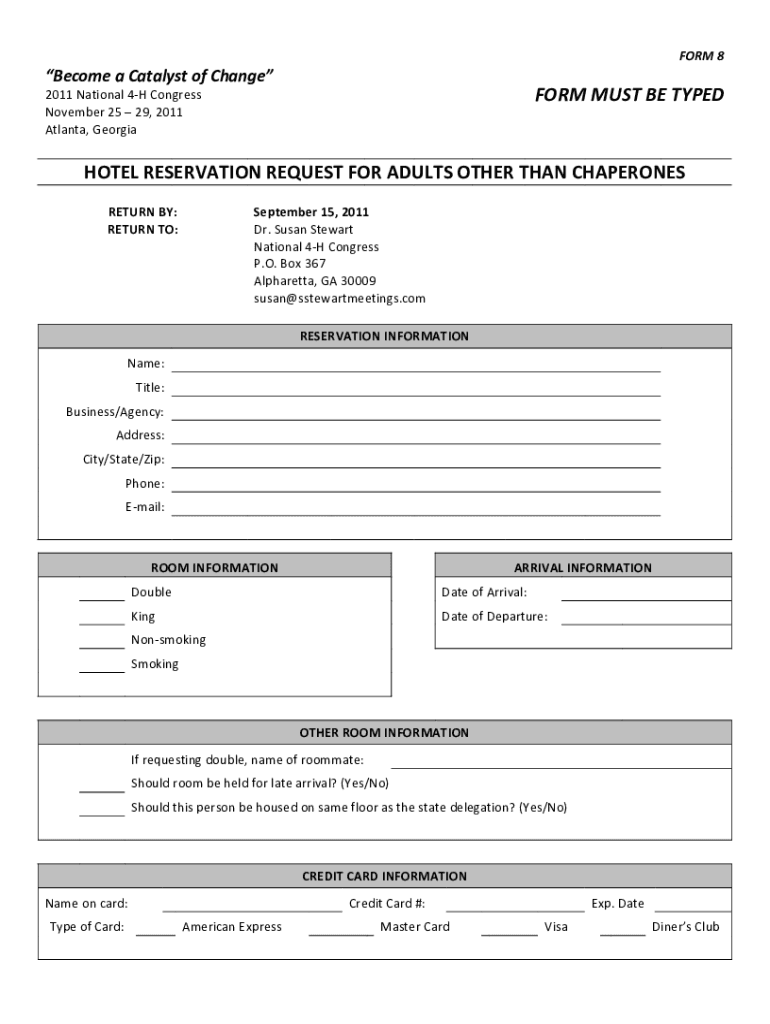 Fillable Online FORM 8 - Hotel Reservation Request - Adults Other Than ...