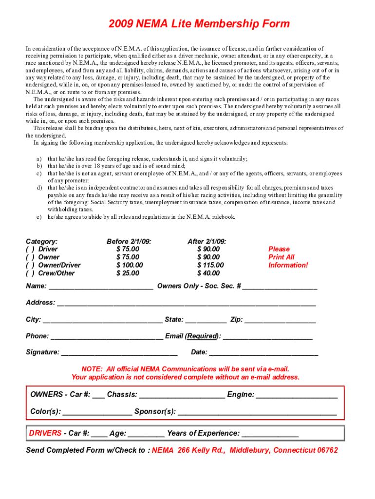 Fillable Online 2009 NEMA Lite Membership Form Fax Email Print - pdfFiller