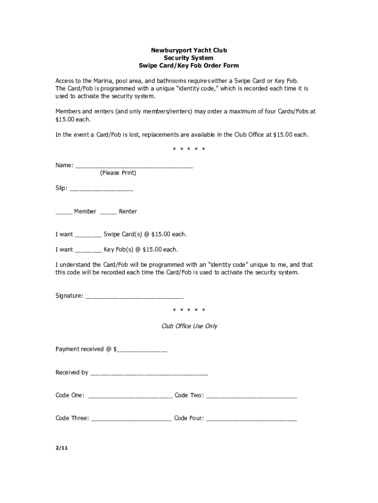 Fillable Online Swipe Card/Key Fob Order Form 2/11.doc Fax Email Print - pdfFiller