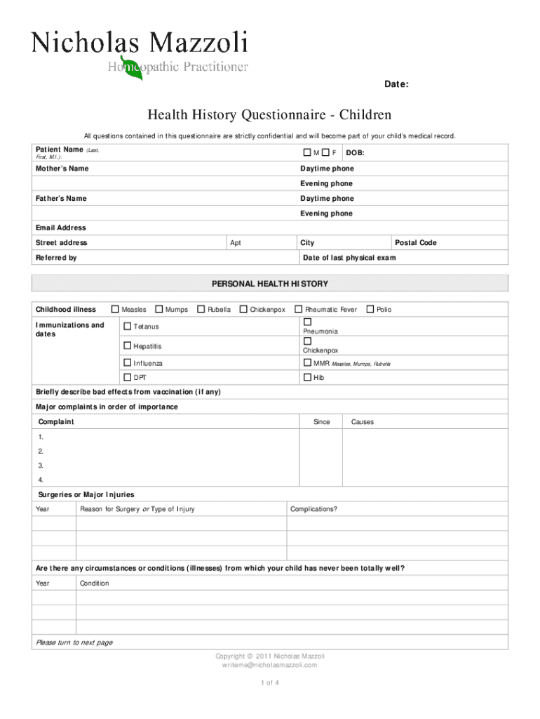 Fillable Online HEALTH HISTORY QUESTIONNAIRE - Horizon Primary Care Fax ...