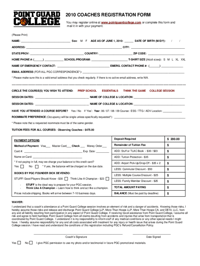 Fillable Online 2010 COACHES REGISTRATION FORM Fax Email Print - pdfFiller