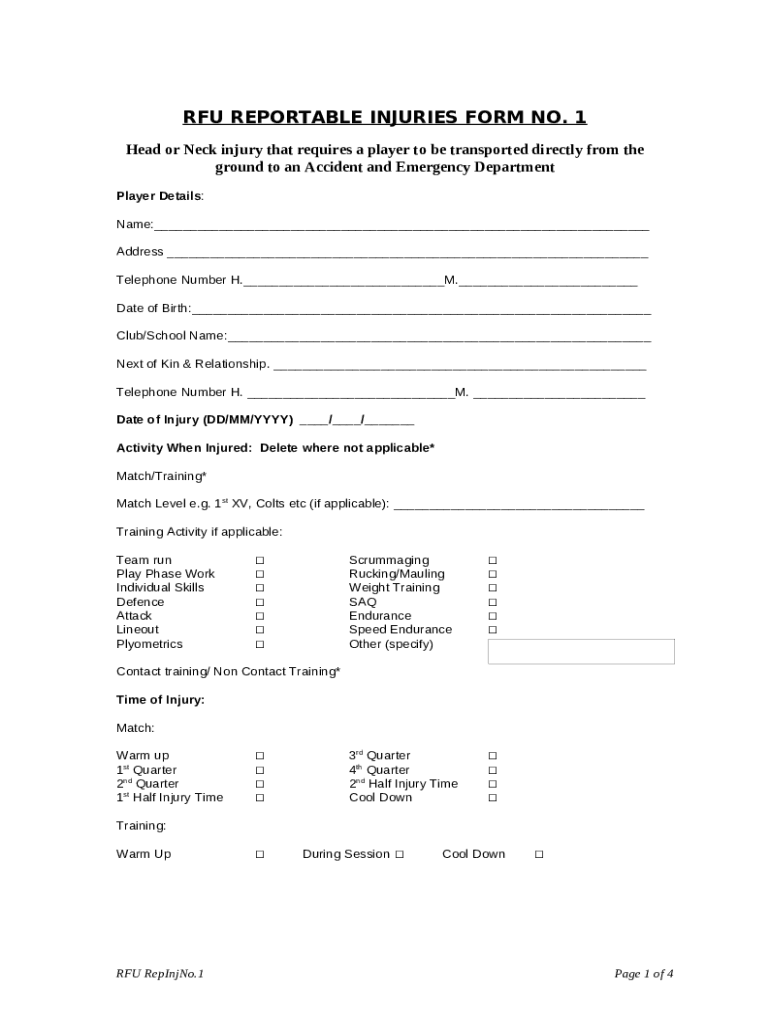 RFU REPORTABLE INJURIES NO Doc Template | pdfFiller