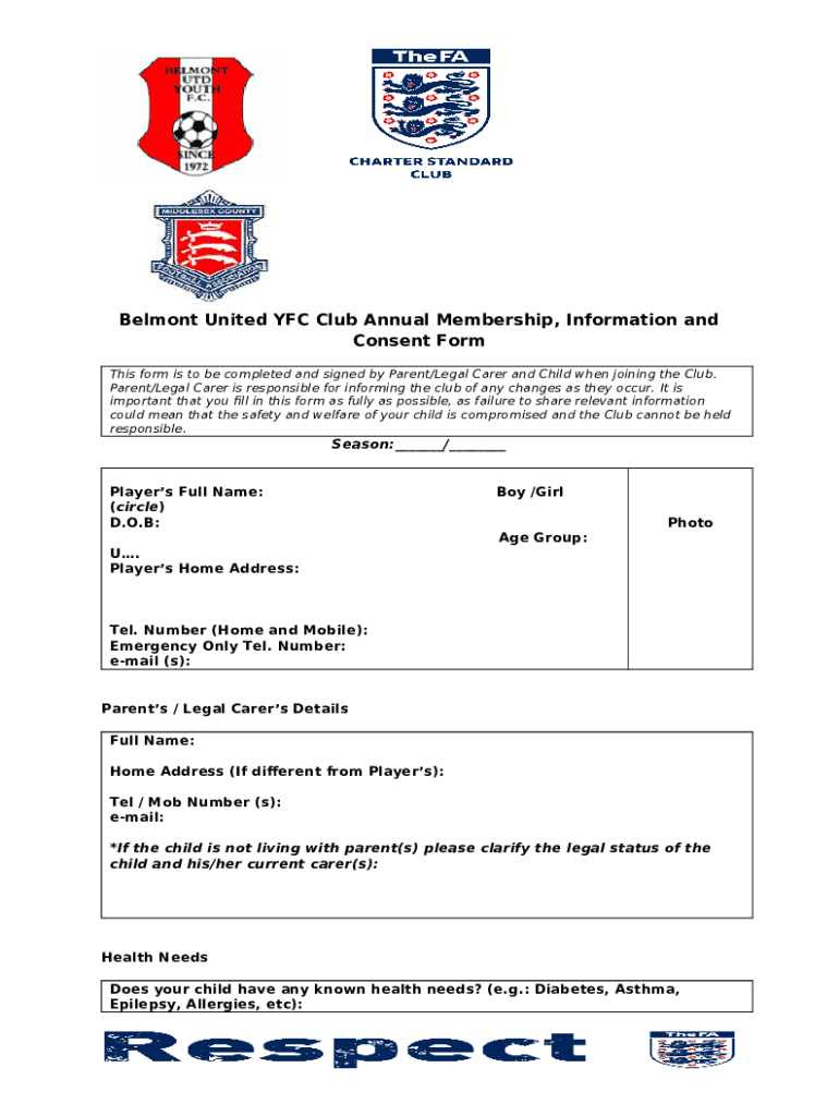 Belmont United YFC Club Annual Membership, Ination and Consent Doc ...