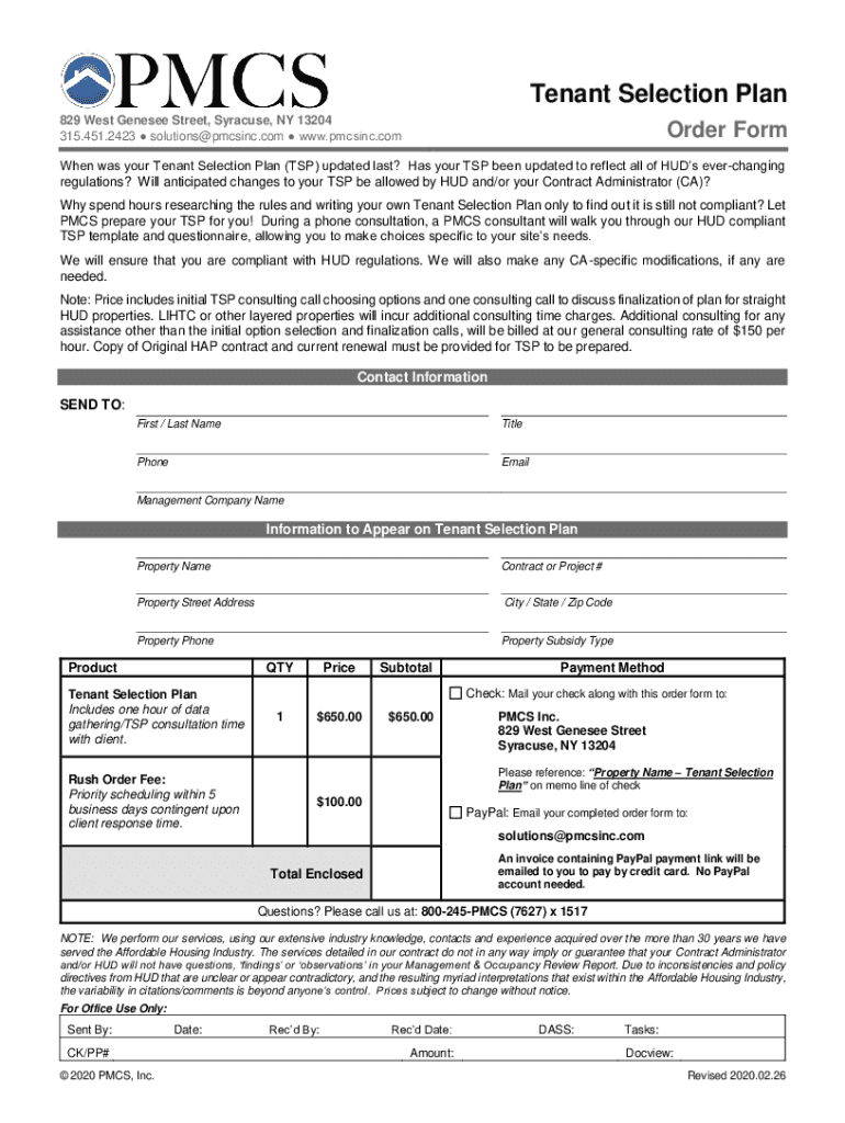 Fillable Online Tenant Selection Plan Order Form Fax Email Print ...