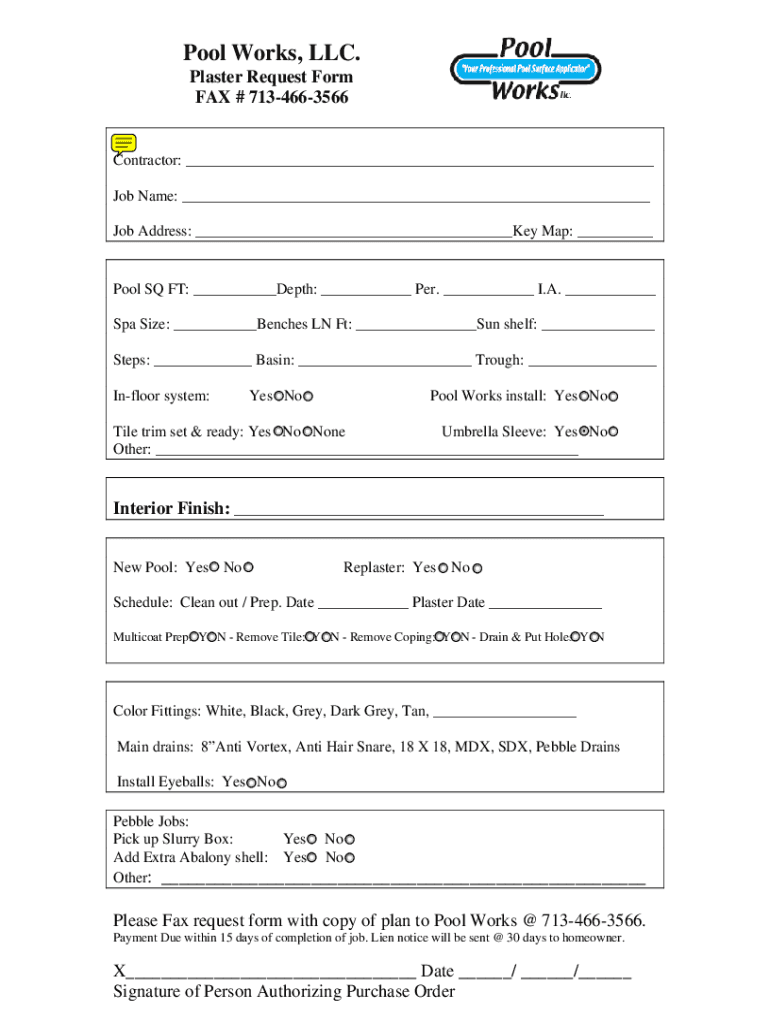 Fillable Online PoolWorksPlasterRequestForm.doc Fax Email Print - pdfFiller
