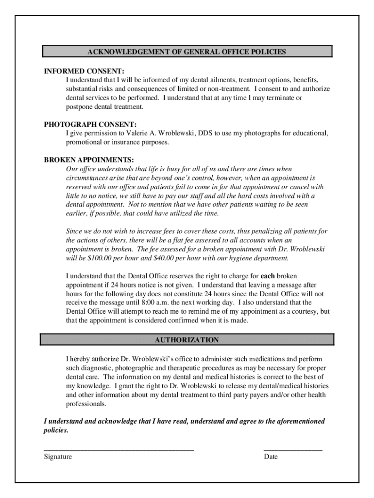 Fillable Online ACKNOWLEDGEMENT OF GENERAL OFFICE POLICIES INFORMED ...