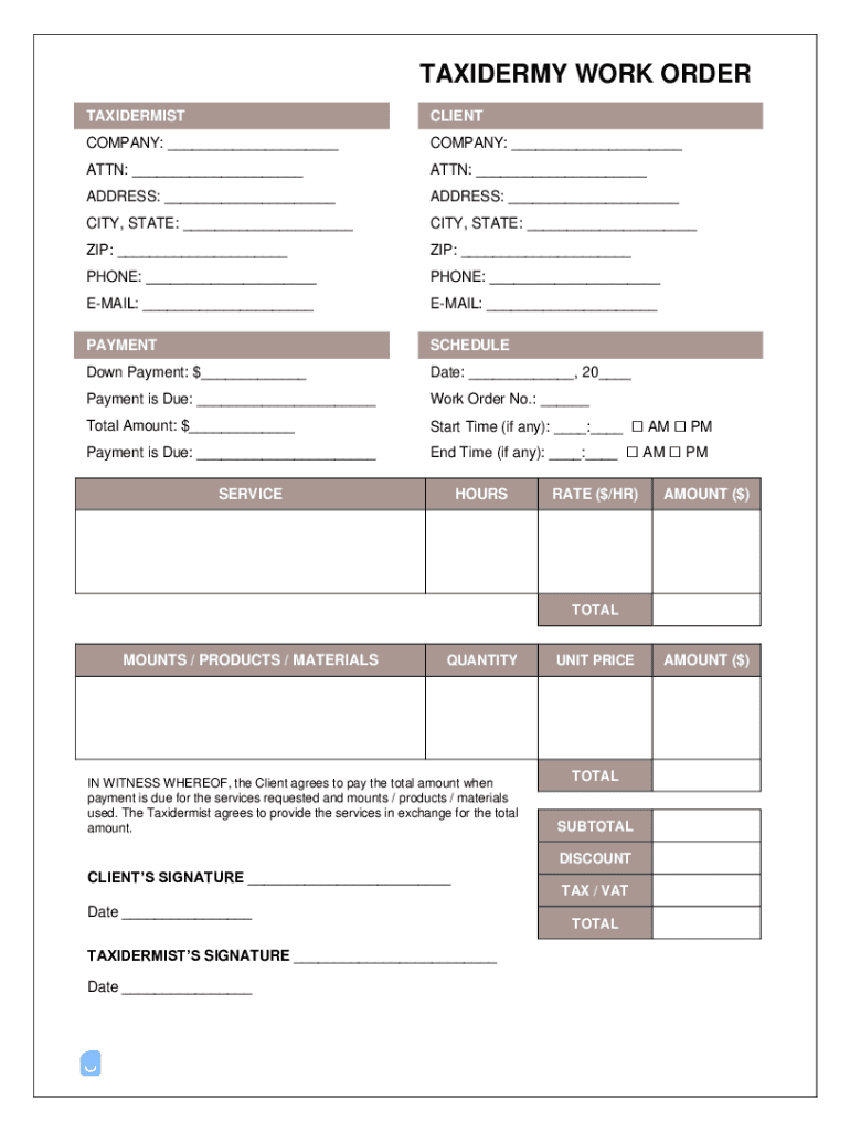 Fillable Online Taxidermist Work Order Template Fax Email Print - pdfFiller