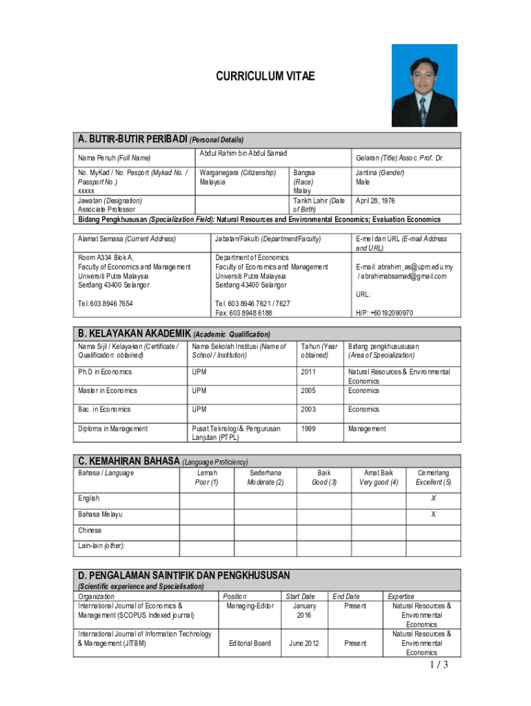 Fillable Online econ upm edu BUTIR-BUTIR PERIBADI (Personal Details) Fax Email Print - pdfFiller