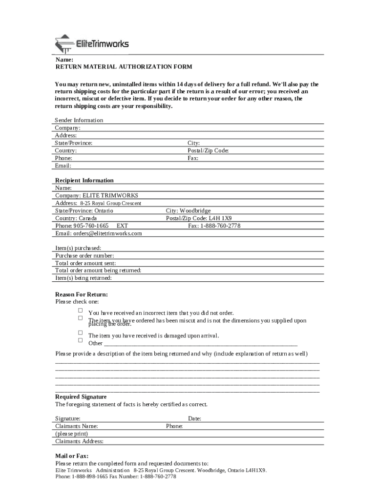 Name:RETURN MATERIAL AUTHORIZATION Doc Template | pdfFiller