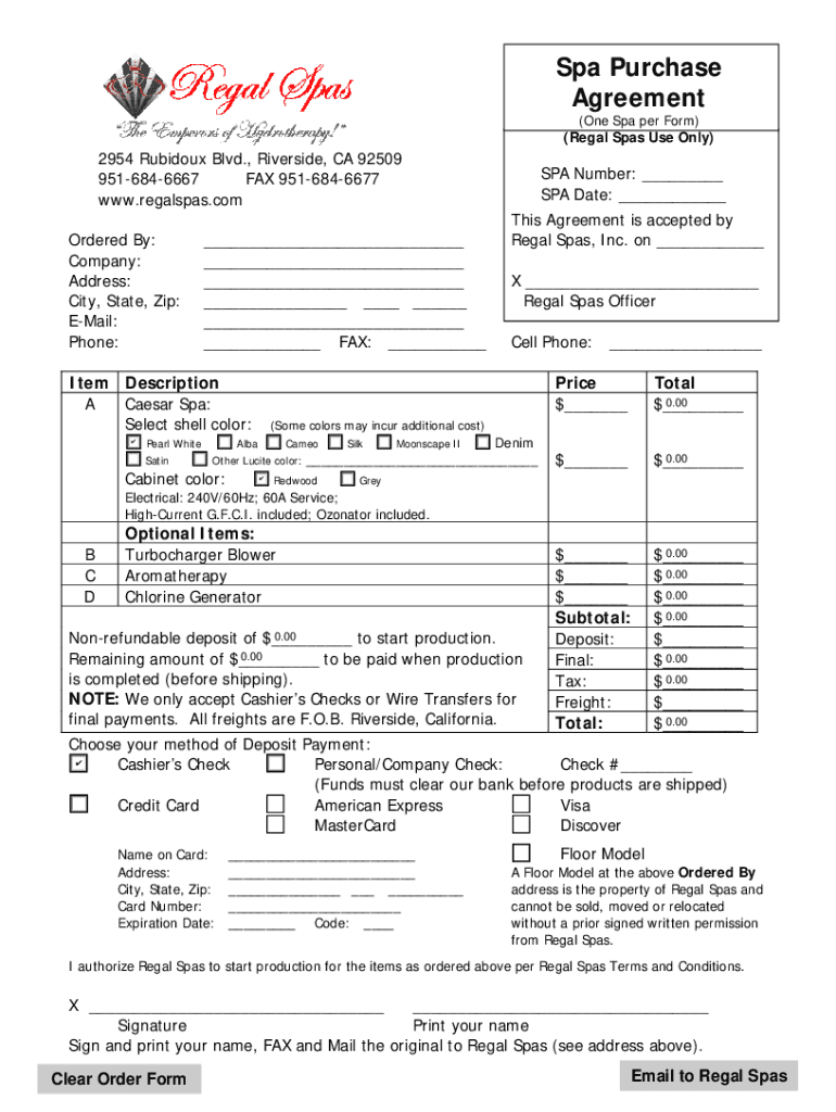 Fillable Online Regal Spas Order Form.v6 Fax Email Print - pdfFiller