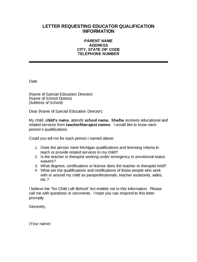 Letter REQUESTING Educator QUALIFICATION INATION Doc Template | pdfFiller