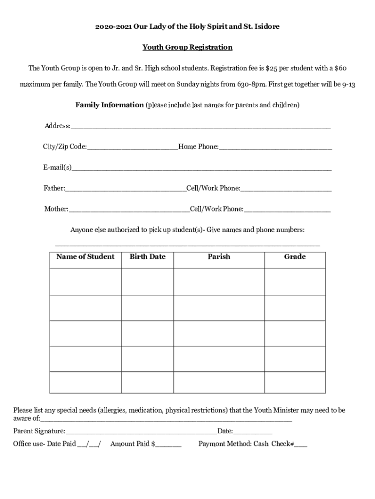 Fillable Online 2020-2021 Our Lady of the Holy Spirit and St. Isidore Youth ... Fax Email Print ...