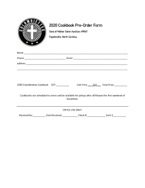 Fillable Online 2020 Cookbook Pre-Order Form Fax Email Print - pdfFiller