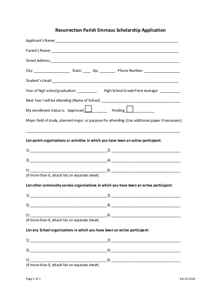 Fillable Online Resurrection Parish Emmaus Scholarship Fax Email Print - pdfFiller