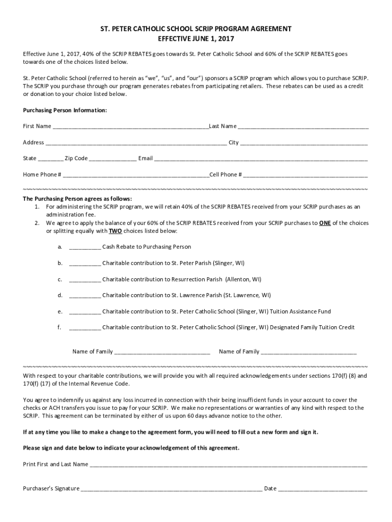 Fillable Online st. peter catholic school scrip program agreement effective ... Fax Email Print ...