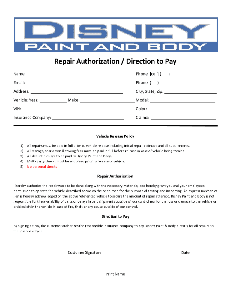 Fillable Online ON YOUR SIDE AUTO REPAIR NETWORK AUTHORIZATION AND ...