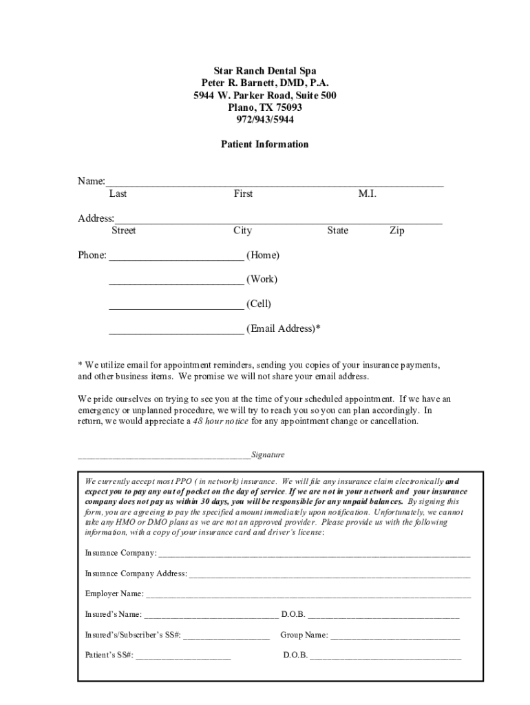 Fillable Online Star Ranch Dental Patient Information Sheet. Patient ...