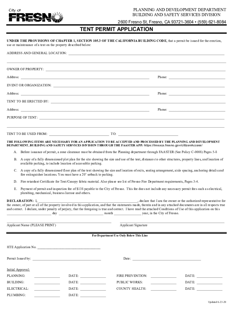 Fillable Online DEVELOPMENT DEPARTMENT. Tent Permit Application Fax ...
