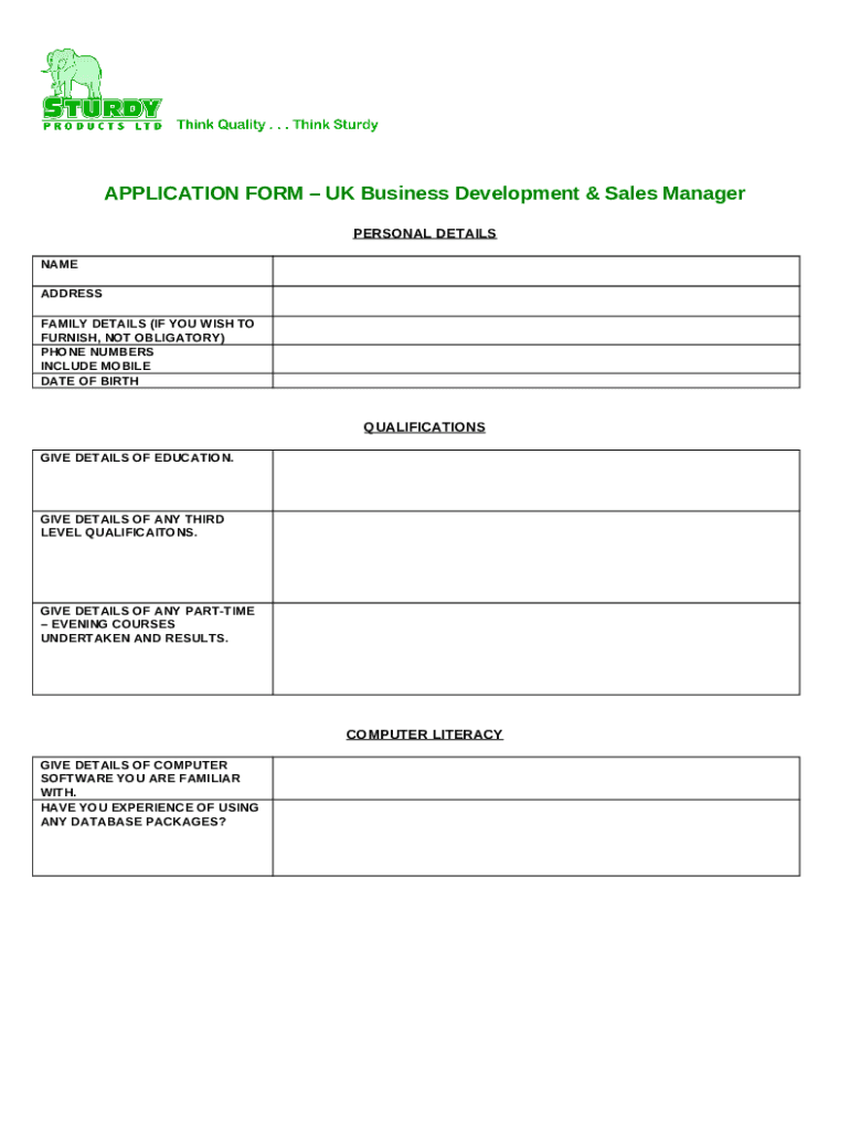 Job Application for Business Development Manager Doc Template | pdfFiller
