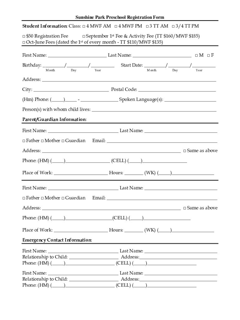 Fillable Online Sunshine Park Preschool Registration Form Fax Email Print - pdfFiller