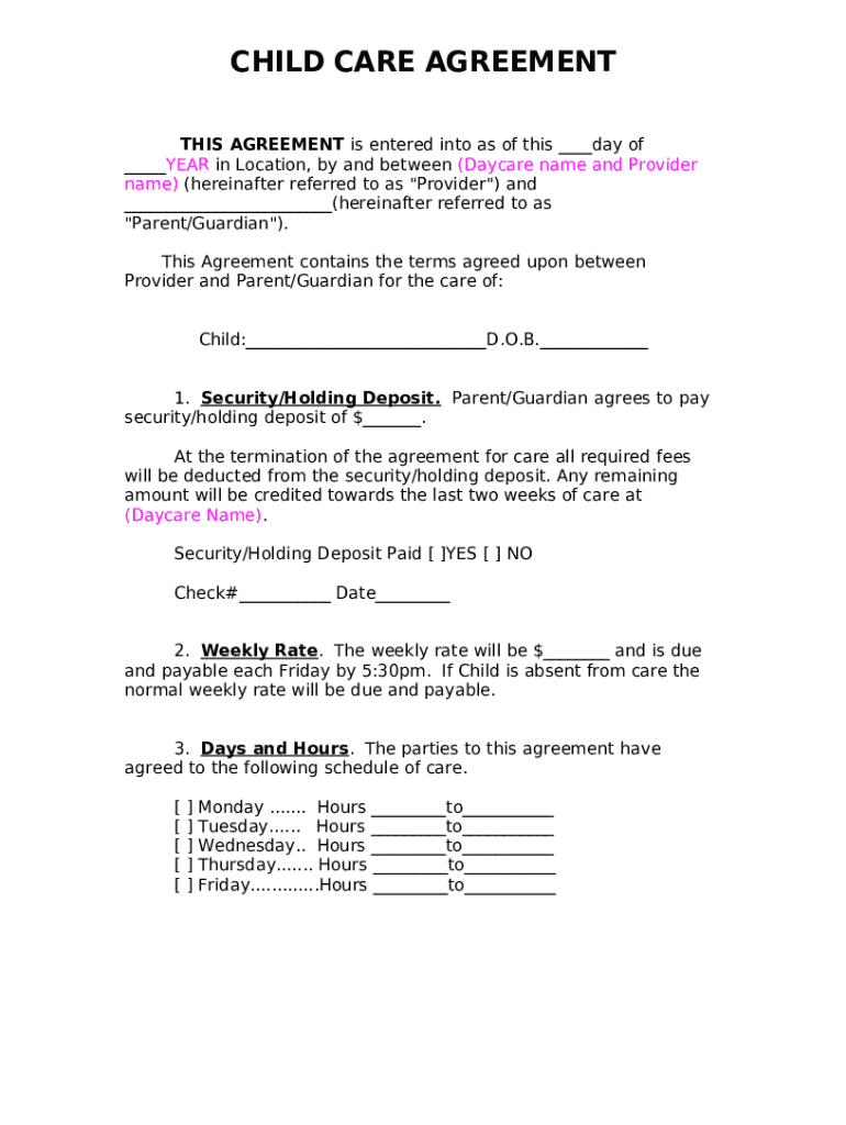 Day Care Contract Template - Download Free Sample Doc Template | pdfFiller