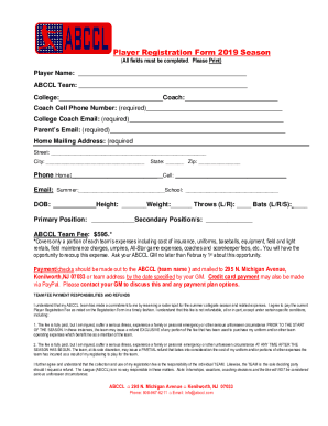Fillable Online 2019 LEAGUE Player REGISTRATION Form.doc Fax Email ...