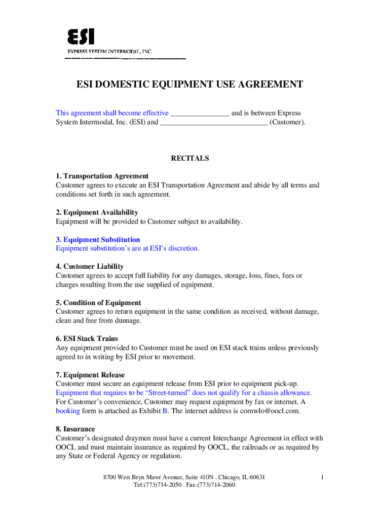 Fillable Online ESI DOMESTIC EQUIPMENT USE AGREEMENT Fax Email Print - pdfFiller