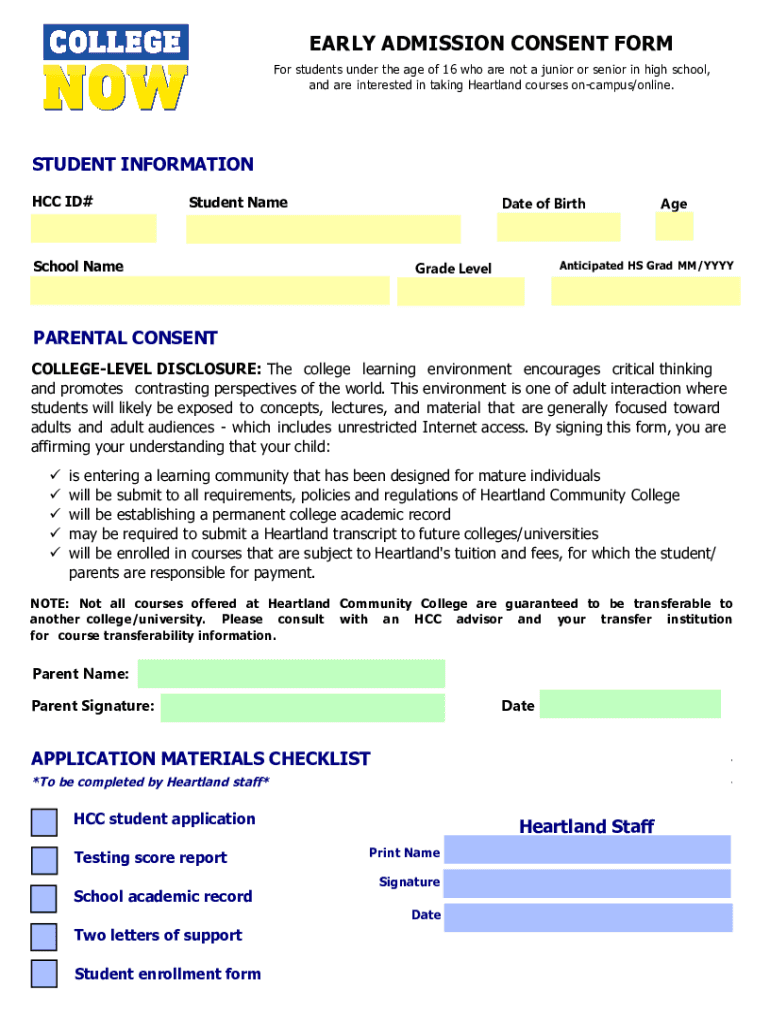 Fillable Online EARLY ADMISSION CONSENT FORM Fax Email Print - pdfFiller