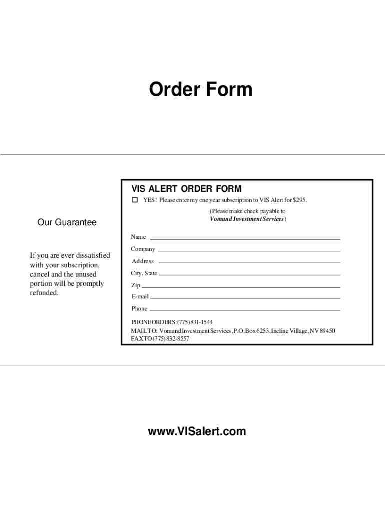 Fillable Online VIS ALERT ORDER FORM Fax Email Print - pdfFiller