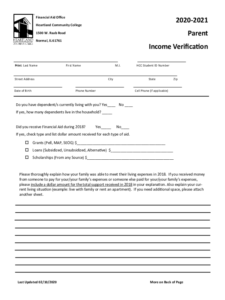 Fillable Online 2020-2021 Parent Income Verification - Heartland ...