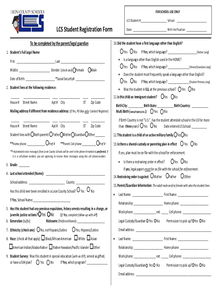 Fillable Online LCS Student # School: LCS Student Registration Form Fax ...