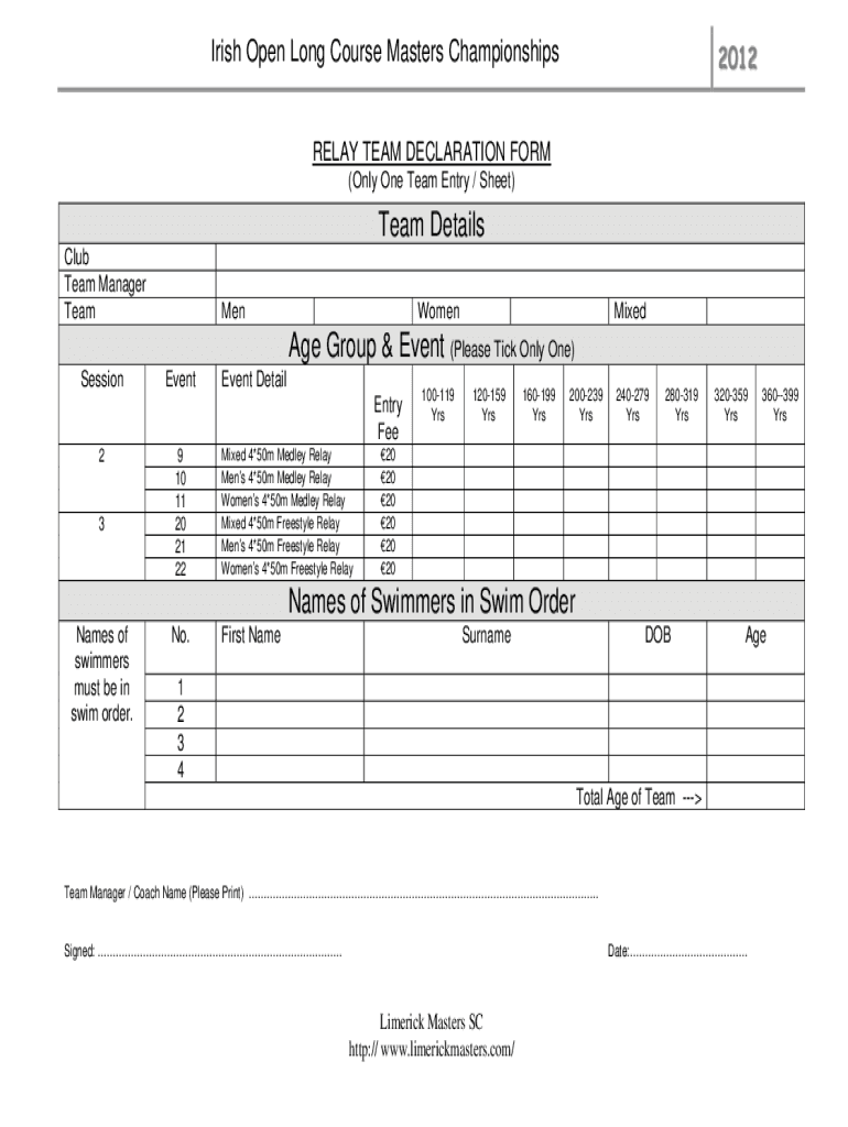 Fillable Online LC Irish Open Masters Championship 2012 Relay Team ...