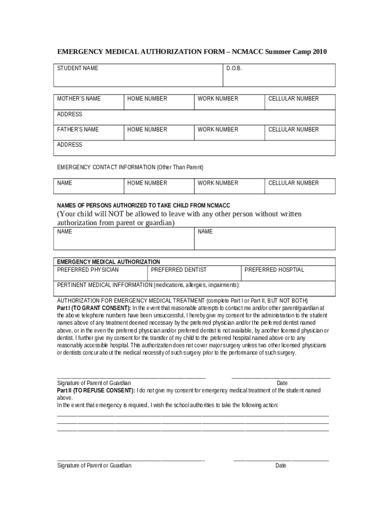 Summer Camp Waiver and Authorization to Administer ... Doc Template ...