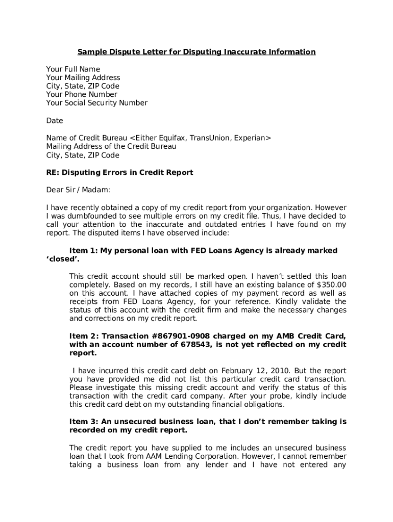 Sample Dispute Letter for Disputing Inaccurate Ination Doc Template ...