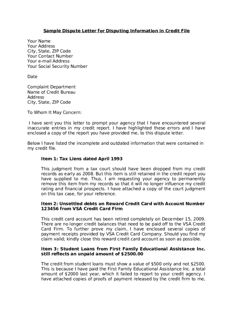 Sample Dispute Letter for Disputing Ination in Credit File Doc Template ...