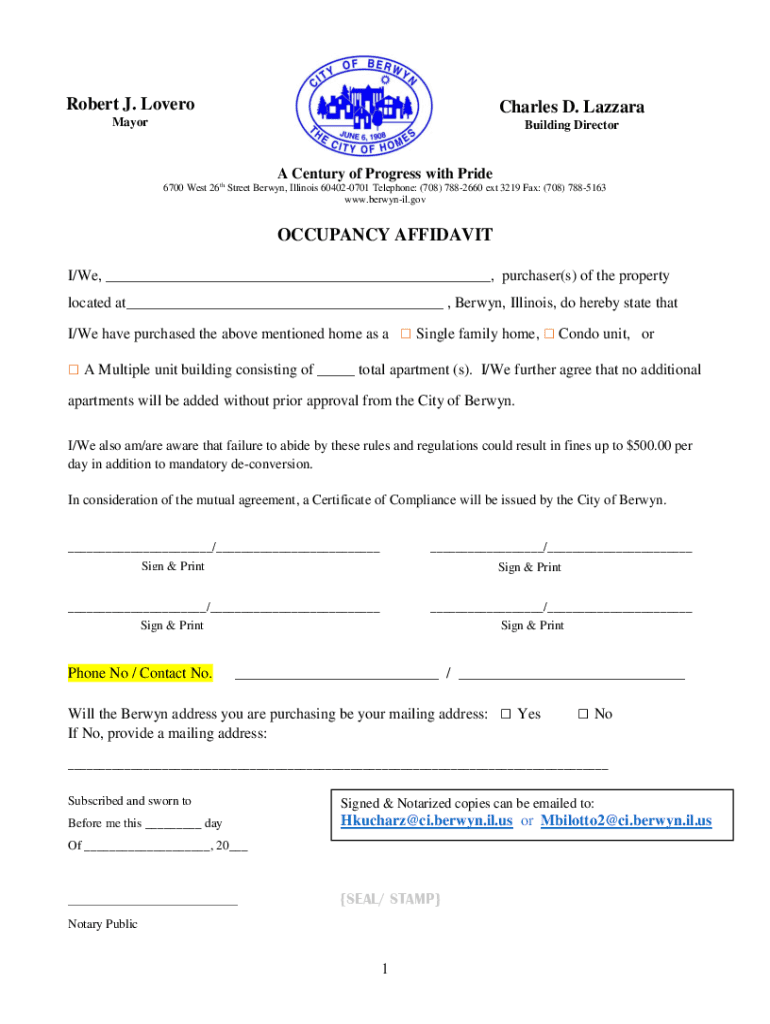 Fillable Online OCCUPANCY AFFIDAVIT Robert J. Lovero Charles D. Lazzara ...