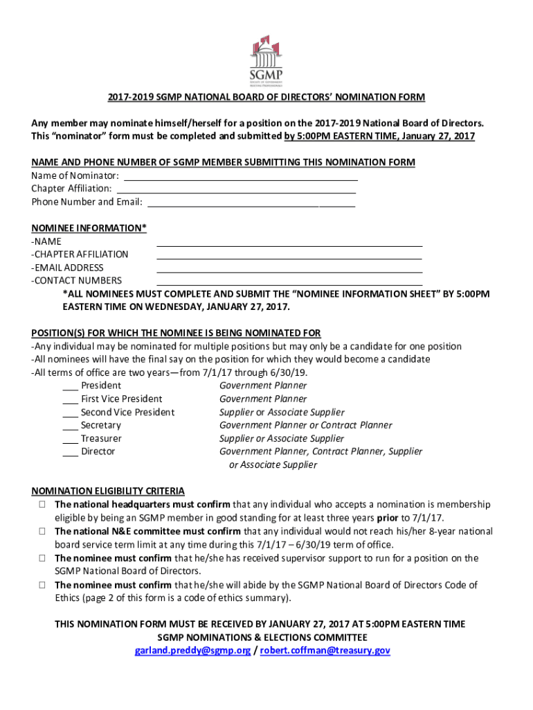 Fillable Online 2018 SGMP MICHIGAN CHAPTER BOARD NOMINATION FORM Fax ...