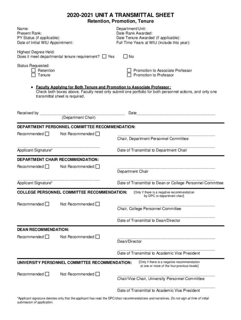 Fillable Online 2020-2021 UNIT A TRANSMITTAL SHEET Retention, Promotion ...