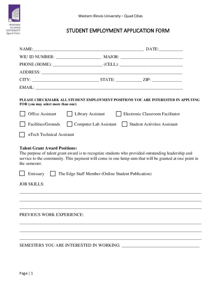 Fillable Online WIU ID NUMBER: MAJOR: Fax Email Print - pdfFiller