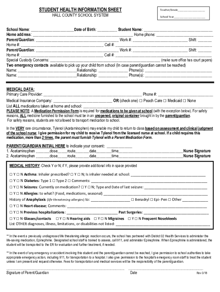 Student health information sheet: Fill out & sign online | DocHub